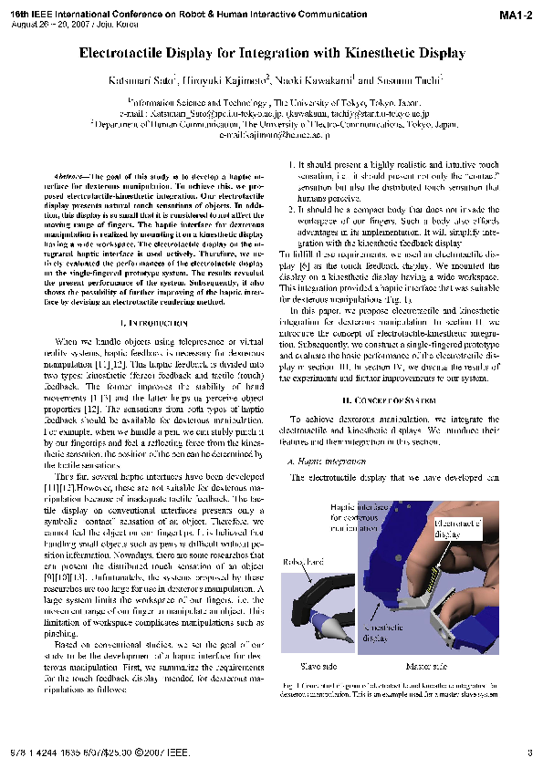 (PDF) Electrotactile Display for Integration with Kinesthetic Display