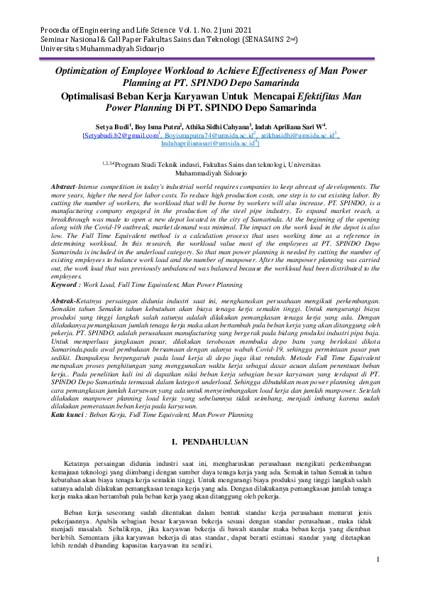 (PDF) Optimization of Employee Workload to Achieve Effectiveness of Man Power Planning at PT ...