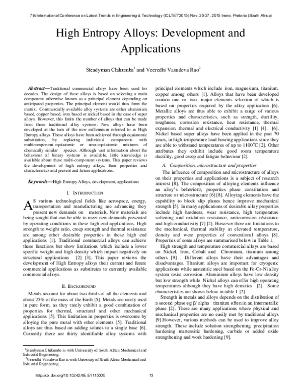 (PDF) High Entropy Alloys: Development and Applications