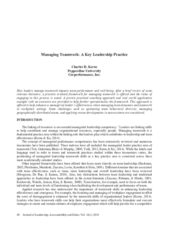 (PDF) Managing Teamwork: A Key Leadership Practice