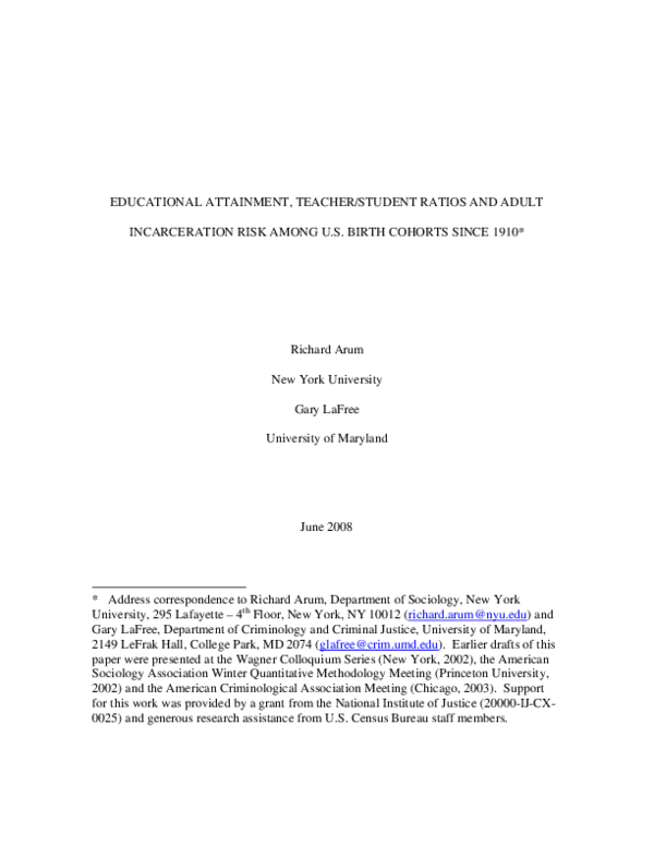 (PDF) Educational Attainment, Teacher-Student Ratios, and the Risk of Adult Incarceration Among ...