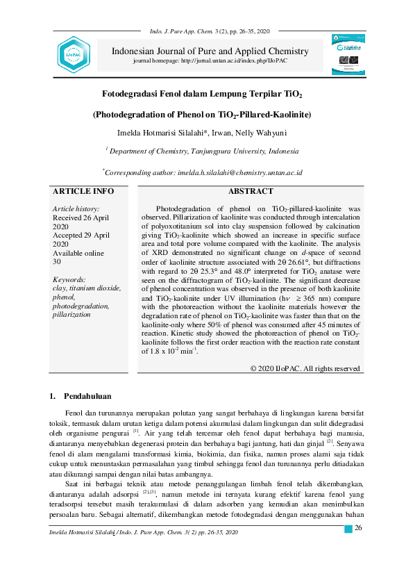 (PDF) Fotodegradasi Fenol Dalam Lempung Terpilar TIO2 (Photodegradation of Phenol on TIO2 ...