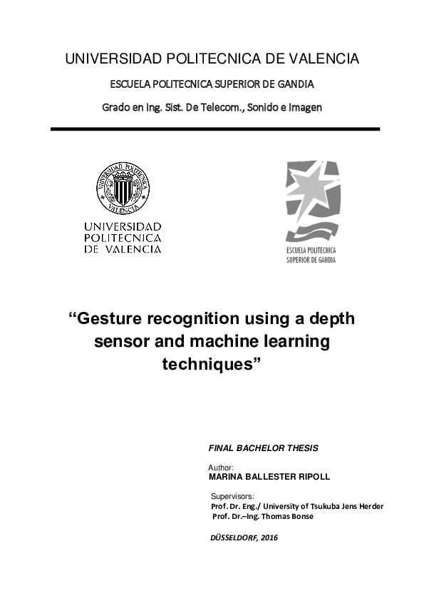 (PDF) Gesture recognition using a depth sensor and machine learning techniques