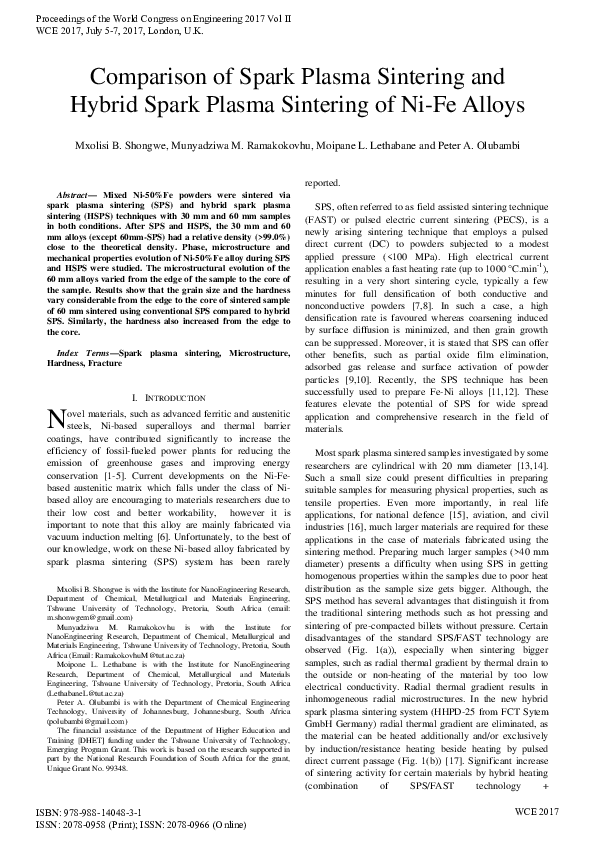 (PDF) Comparison of Spark Plasma Sintering and Hybrid Spark Plasma Sintering of Ni-Fe Alloys