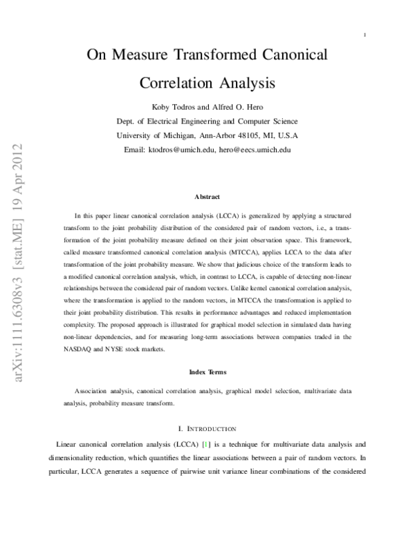 Pdf 1on Measure Transformed Canonical Correlation Analysis