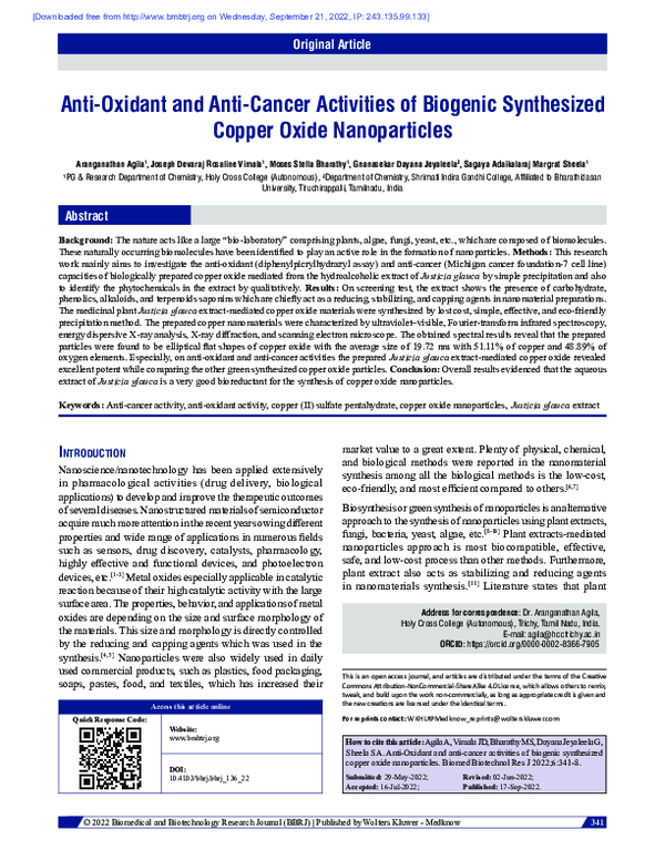 (PDF) Anti-Oxidant and Anti-Cancer Activities of Biogenic Synthesized Copper Oxide Nanoparticles