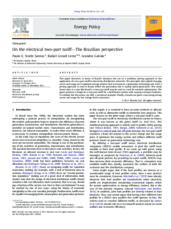 (PDF) On the electrical two-part tariff—The Brazilian perspective