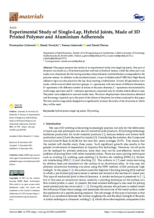 (PDF) Experimental Study of Single-Lap, Hybrid Joints, Made of 3D Printed Polymer and Aluminium ...