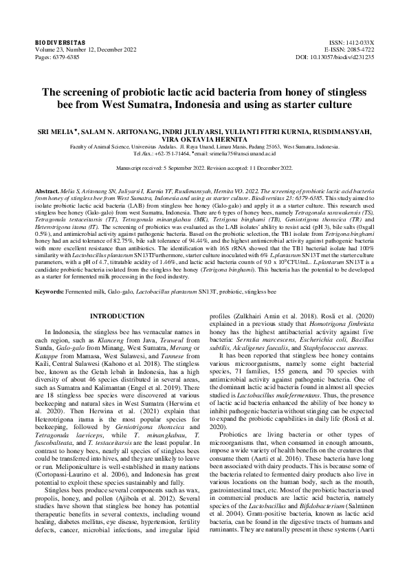 Pdf The Screening Of Probiotic Lactic Acid Bacteria From Honey Of