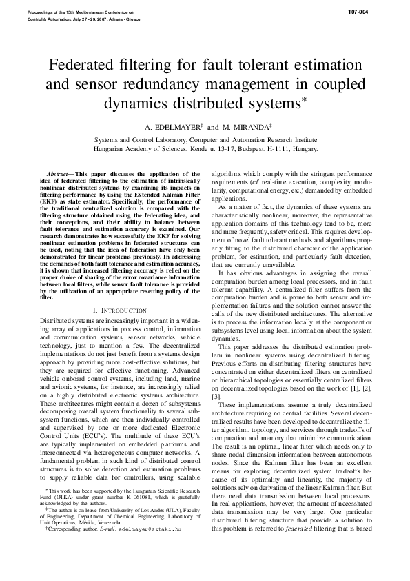 Pdf Federated Filtering For Fault Tolerant Estimation And Sensor