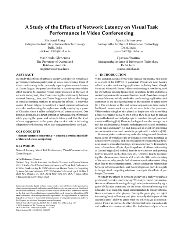 (PDF) A Study of the Effects of Network Latency on Visual Task Performance in Video Conferencing