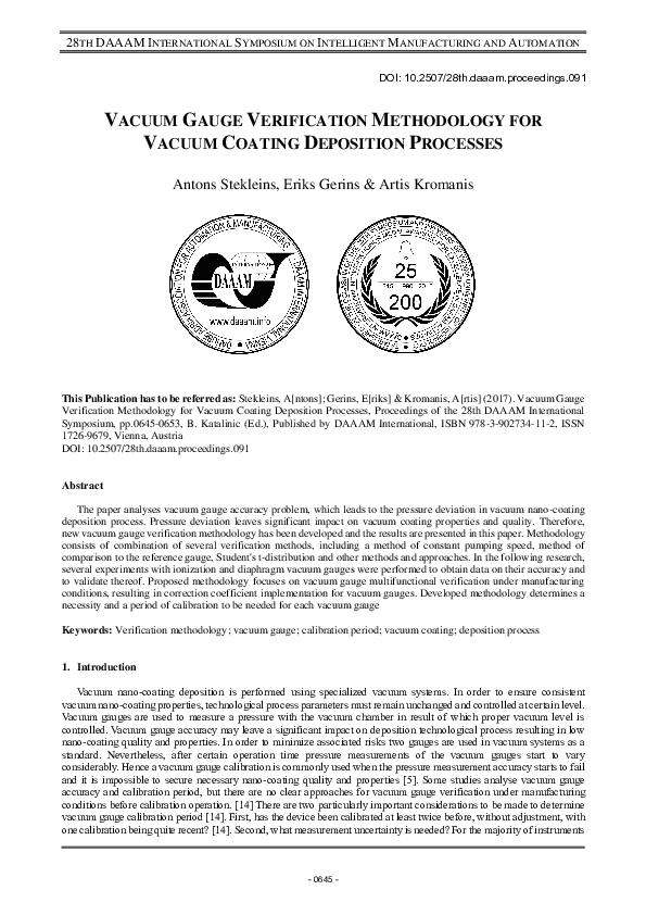 (PDF) Vacuum Gauge Verification Methodology for Vacuum Coating ...