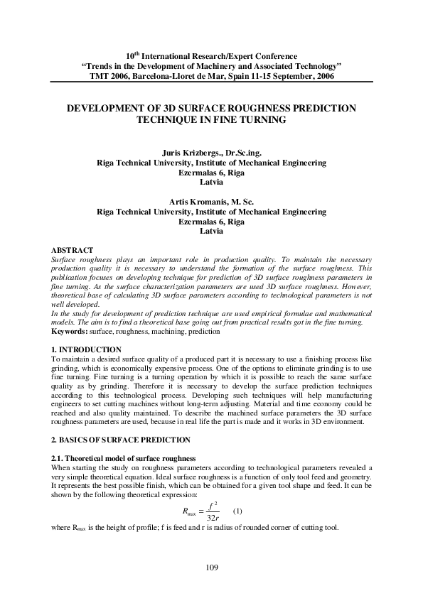 Pdf Development Of 3d Surface Roughness Prediction Technique In Fine