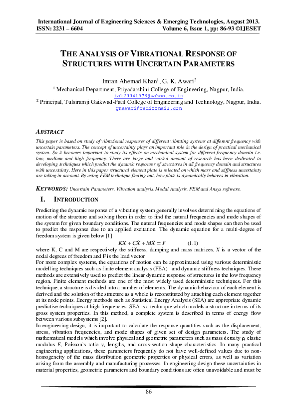 (PDF) The Analysis of Vibrational Response of Structures with Uncertain Parameters