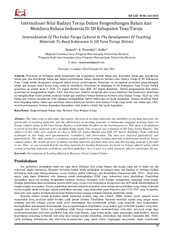 (PDF) Internalisasi Nilai Budaya Toraja Dalam Pengembangan Bahan Ajar Membaca Bahasa Indonesia ...