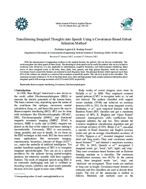 Pdf Transforming Imagined Thoughts Into Speech Using A Covariance Based Subset Selection Method 8245
