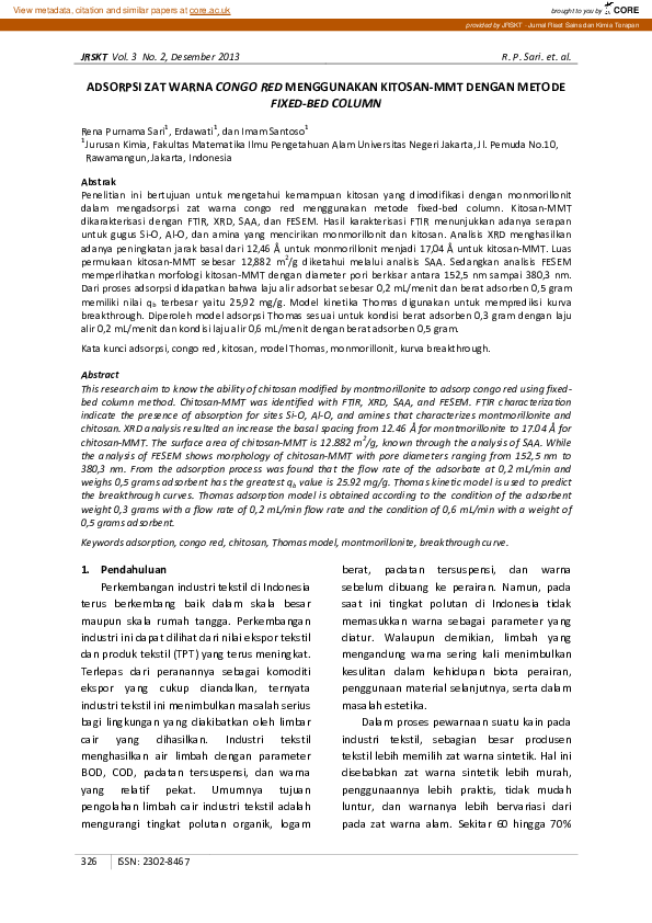 (PDF) Adsorpsi Zat Warna Congo Red Menggunakan Kitosan-MMT Dengan ...