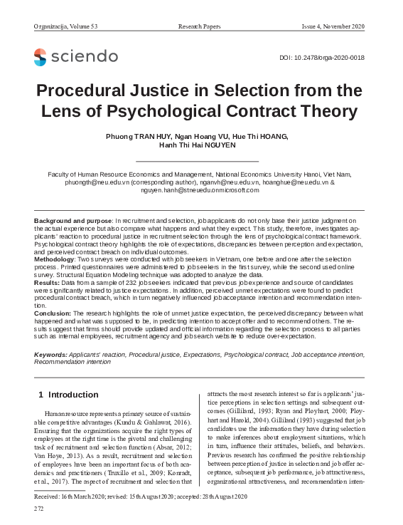 (PDF) Procedural Justice in Selection from the Lens of Psychological Contract Theory