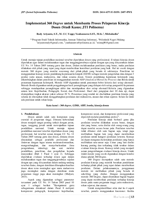 (PDF) Implementasi 360 Degree untuk Membantu Proses Pelaporan Kinerja Dosen (Studi Kasus; JTI ...