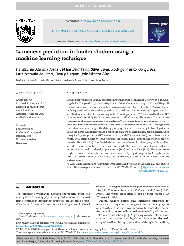 (PDF) Lameness prediction in broiler chicken using a machine learning technique