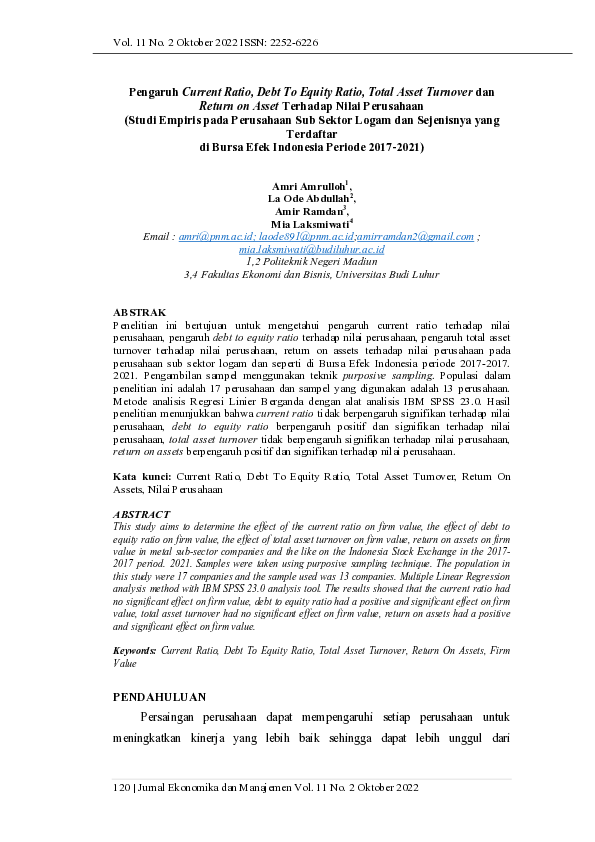 (PDF) PENGARUH CURRENT RATIO, DEBT TO EQUITY RATIO, TOTAL ASSET TURNOVER dan RETURN ON ASSET ...