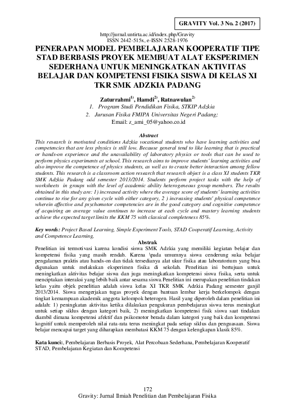 (PDF) Penerapan Model Pembelajaran Kooperatif Tipe Stad Berbasis Proyek Membuat Alat Eksperimen ...