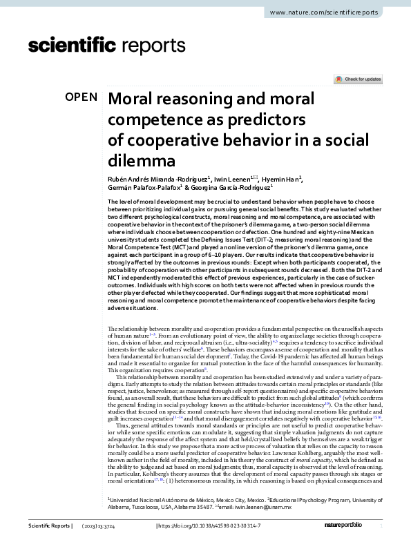 (PDF) Moral reasoning and moral competence as predictors of cooperative ...