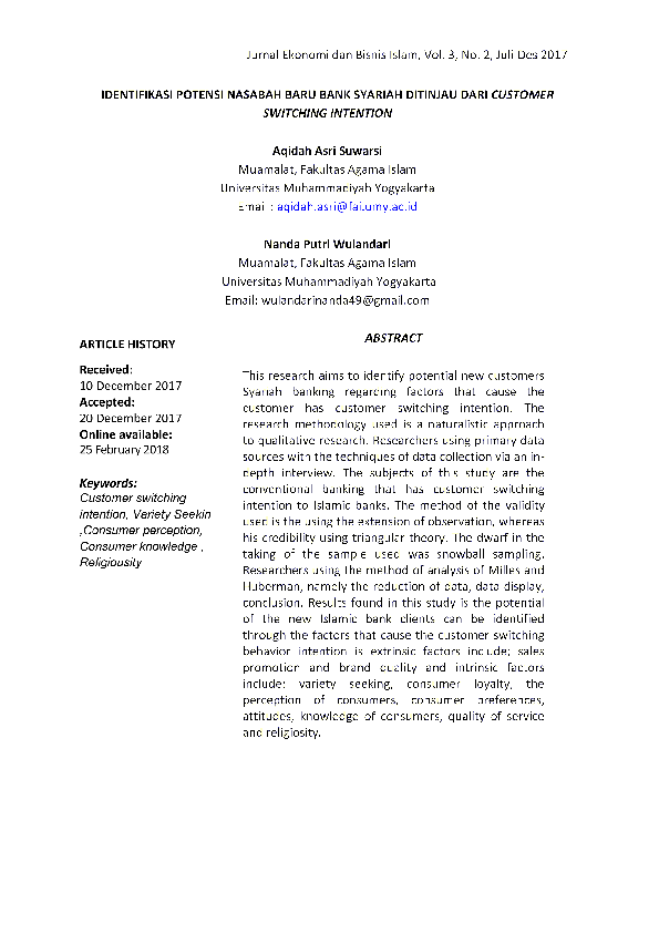 Pdf Identifikasi Potensi Nasabah Baru Bank Syariah Ditinjau Dari Customer Switching Intention