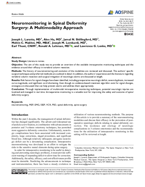 (PDF) Neuromonitoring in Spinal Deformity Surgery: A Multimodality Approach