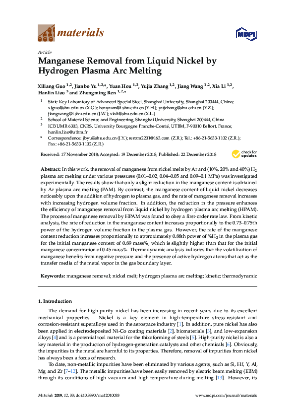 (PDF) Manganese Removal from Liquid Nickel by Hydrogen Plasma Arc Melting