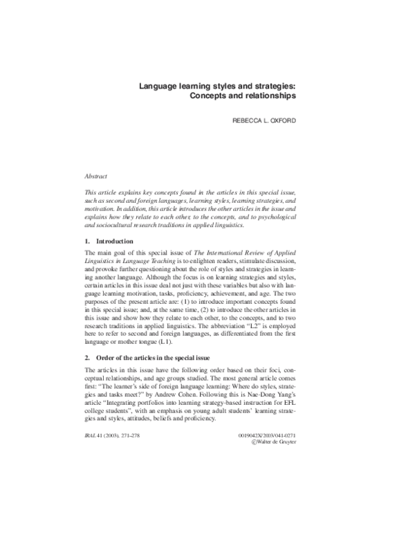 (PDF) Language learning styles and strategies: Concepts and relationships