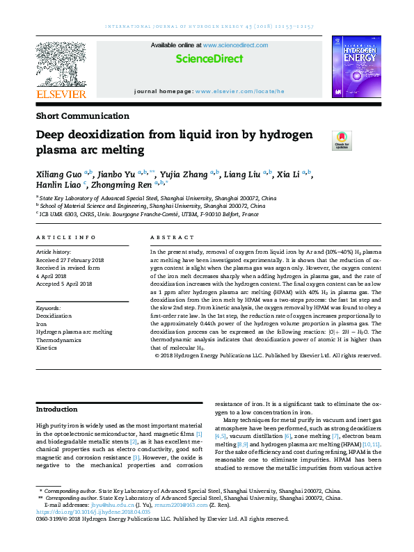 (PDF) Deep deoxidization from liquid iron by hydrogen plasma arc melting