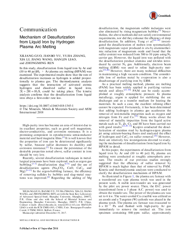 (PDF) Mechanism of Desulfurization from Liquid Iron by Hydrogen Plasma ...