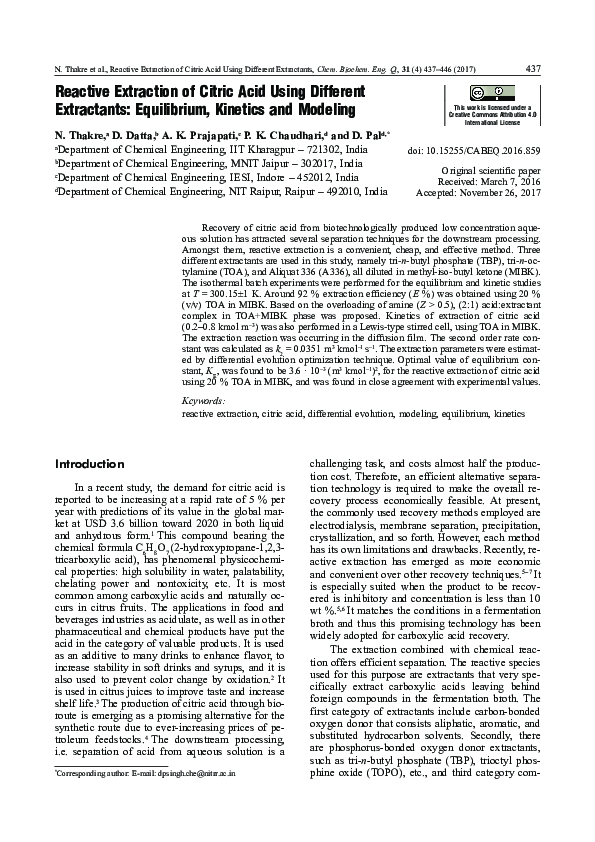 (PDF) Reactive Extraction of Citric Acid Using Different Extractants ...
