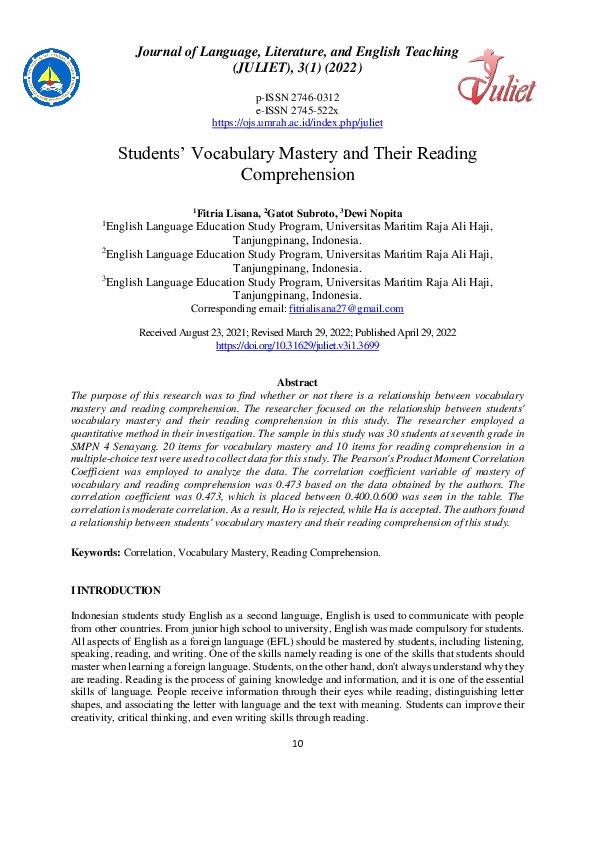 (PDF) Students' Vocabulary Mastery and Their Reading Comprehension