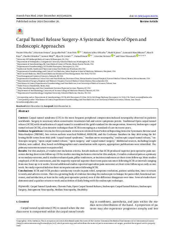 (PDF) Comparative Review of Open vs Endoscopic Carpal Tunnel Surgery