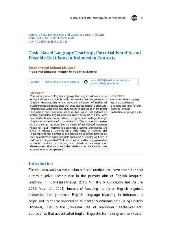 (PDF) Task-Based Language Teaching; Potential Benefits and Possible Criticisms in Indonesian ...