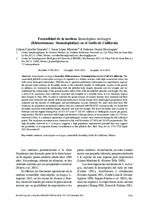 (PDF) Fecundidad de la medusa Stomolophus meleagris (Rhizostomeae ...