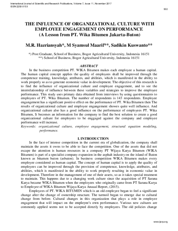(PDF) THE INFLUENCE OF ORGANIZATIONAL CULTURE WITH EMPLOYEE ENGAGEMENT ON PERFORMANCE ( A Lesson ...