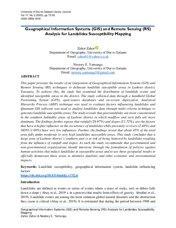 (PDF) Geographical Information Systems (GIS) and Remote Sensing (RS) Analysis for Landslides ...