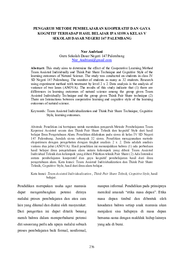 (PDF) Pengaruh Metode Pembelajaran Kooperatif Dan Gaya Kognitif Terhadap Hasil Belajar Ipa Siswa ...