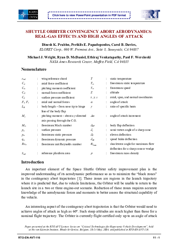 (PDF) Shuttle Orbiter Contingency Abort Aerodynamics, II: Real-Gas Effects and High Angles of Attack