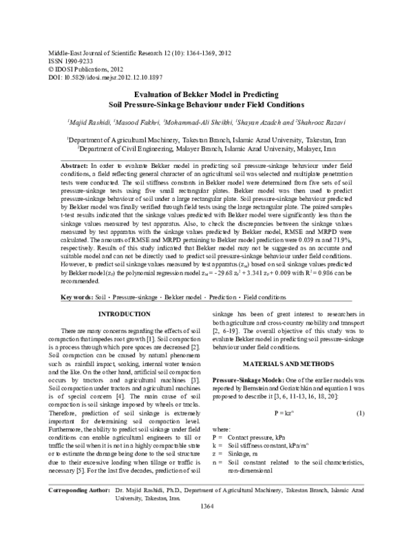 (PDF) Evaluation of Bekker Model in Predicting Soil Pressure-Sinkage Behaviour under Field ...
