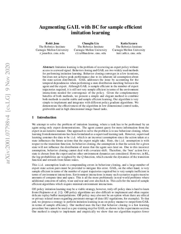(PDF) Augmenting GAIL with BC for sample efficient imitation learning