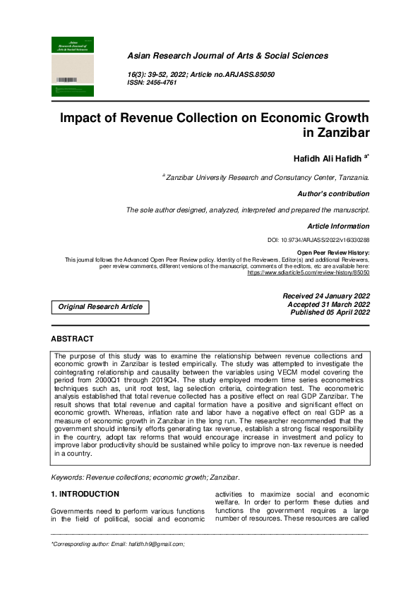 (PDF) Impact of Revenue Collection on Economic Growth in Zanzibar
