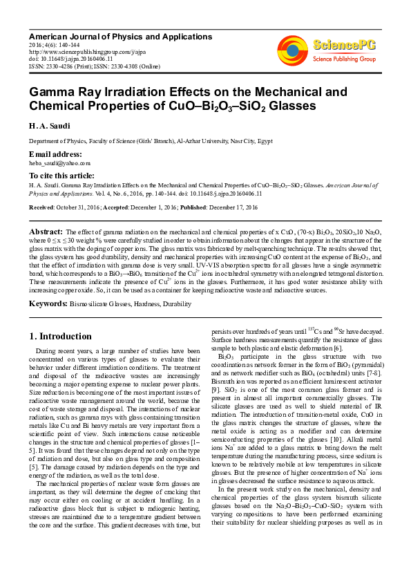(PDF) Gamma Ray Irradiation Effects on the Mechanical and Chemical Properties of CuO–Bi 2 O 3 ...