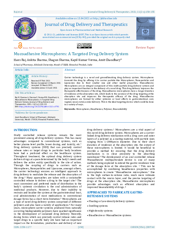 (PDF) Mucoadhesive Microspheres: A Targeted Drug Delivery System