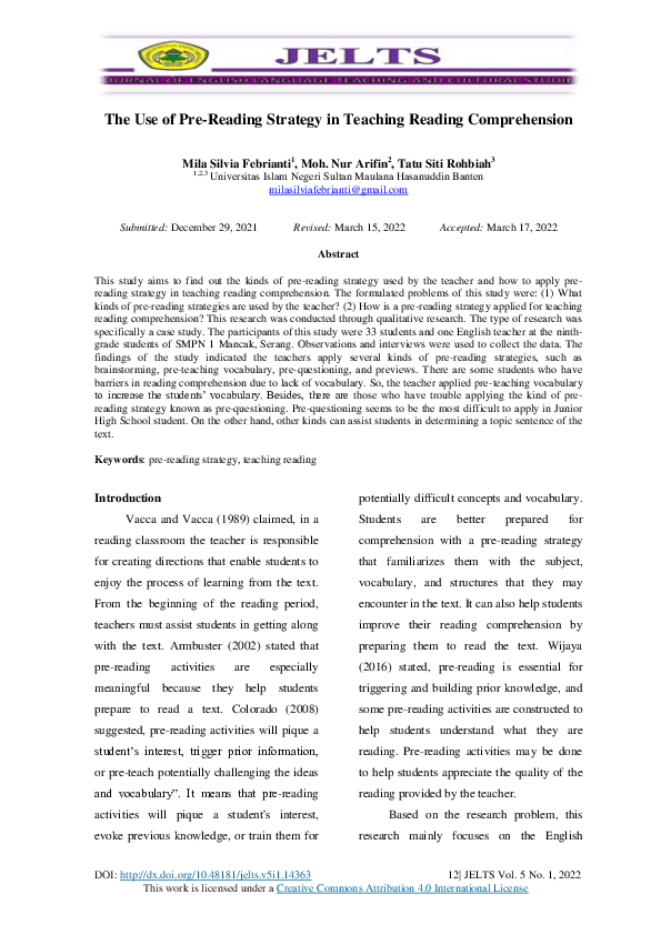 (PDF) The Use of Pre-Reading Strategy in Teaching Reading Comprehension