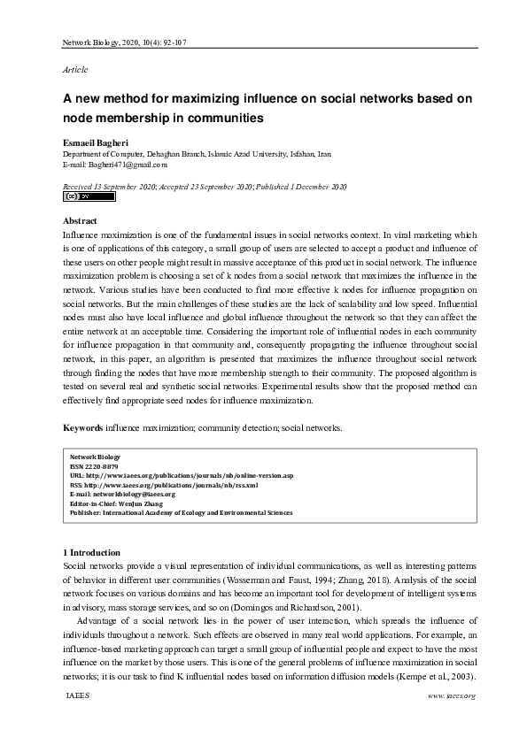 Pdf A New Method For Maximizing Influence On Social Networks Based On Node Membership In