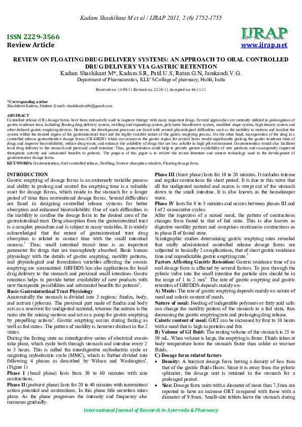 Pdf Review On Floating Drug Delivery Systems An Approach To Oral
